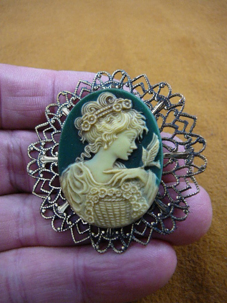 Feminine Lady With Bird and Flowers Green Cameo Pin Pendant - Etsy