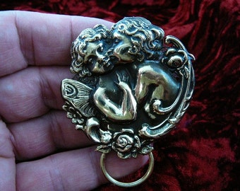 Man With Chariot Team of Horses Oval Flower Trimmed Brass Eyeglass Glasses Holder Id Badge Pin ...