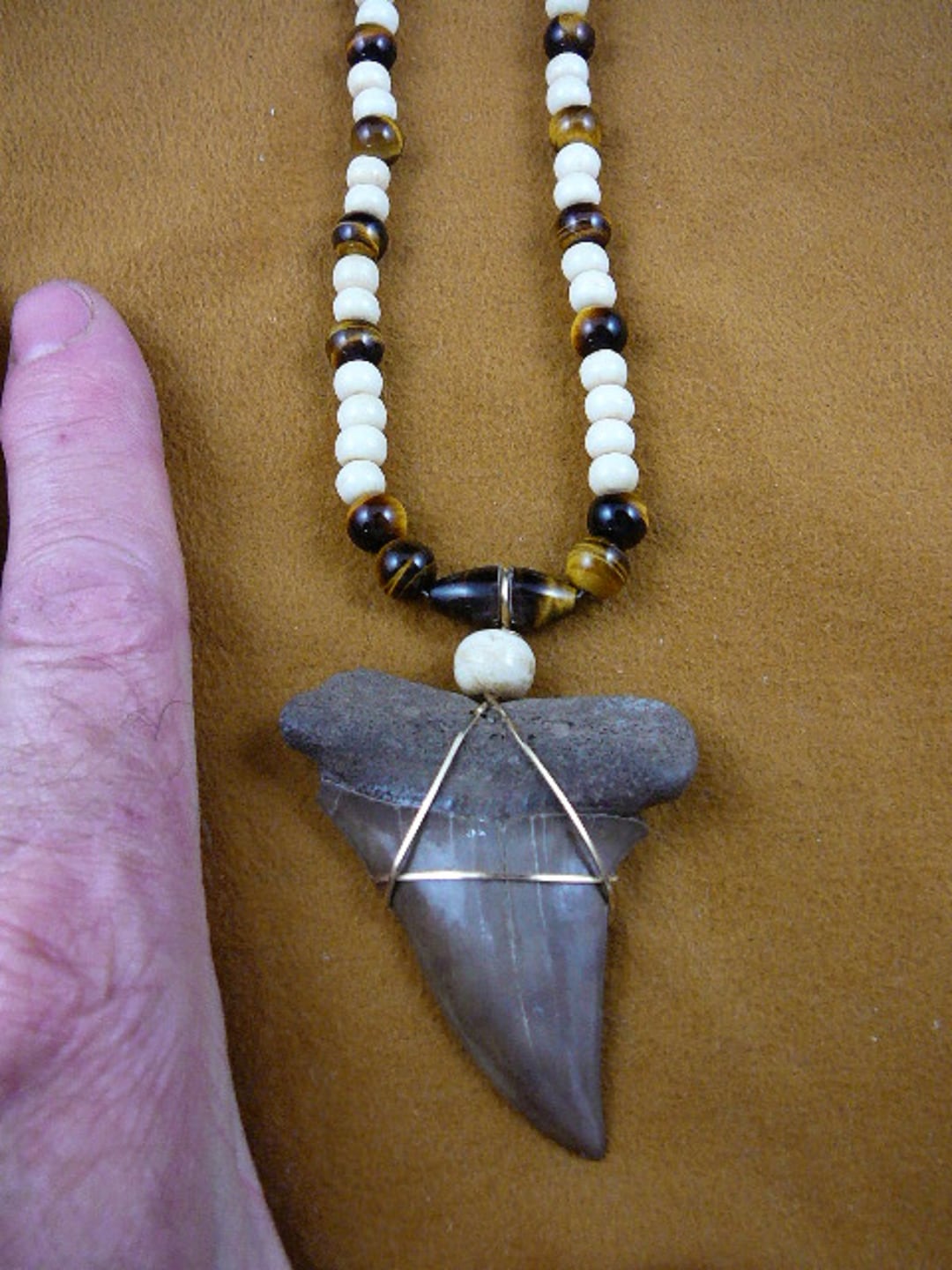 2-5/8" MAKO FOSSIL Shark Tooth Bone Bead Brown Tiger's Eye + White ...