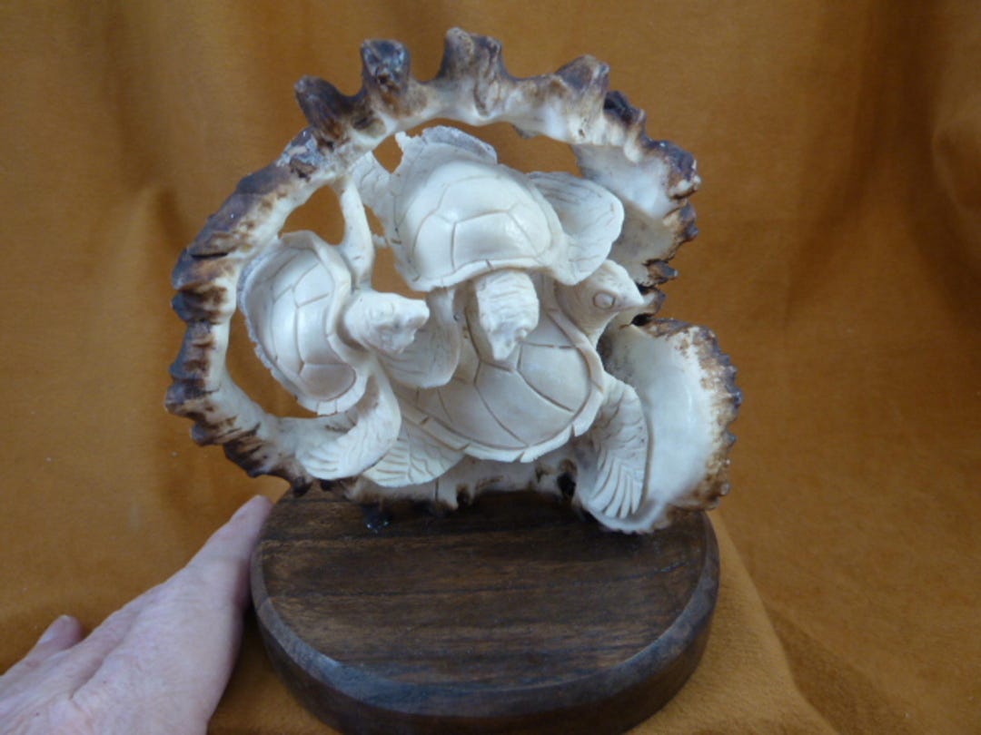 Three of Sea Turtles of Shed ANTLER Figurine Bali Detailed Carving of ...