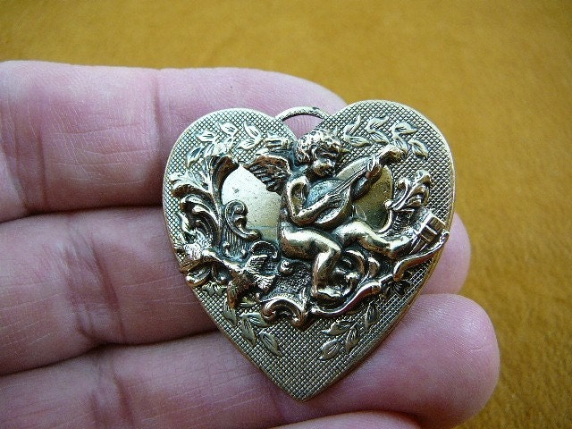 Cherub Angel Boy Child Baby Lute Birds Victorian Brass Heart Brooch Pin ...