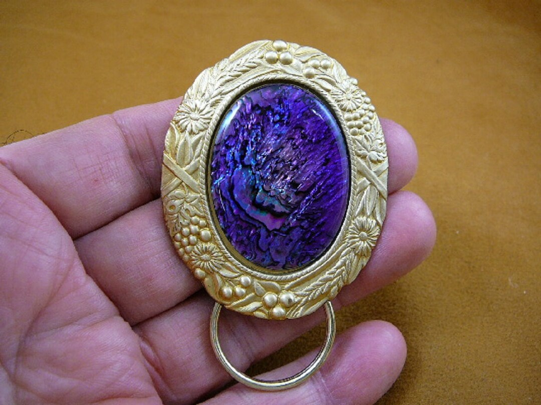 Purple Black Abalone New Zealand Shell Paua Oval Flower Design Brass ...