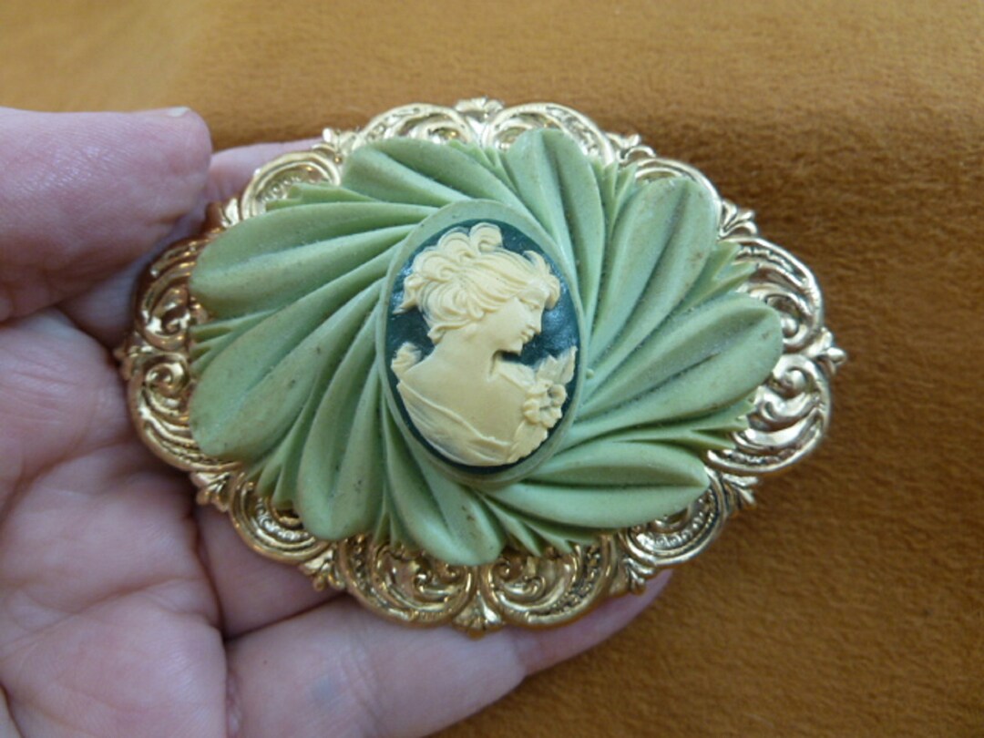 WOMAN Hair up Lady Looking Down Seafoam Green Ivory Swirl Cameo Pin ...