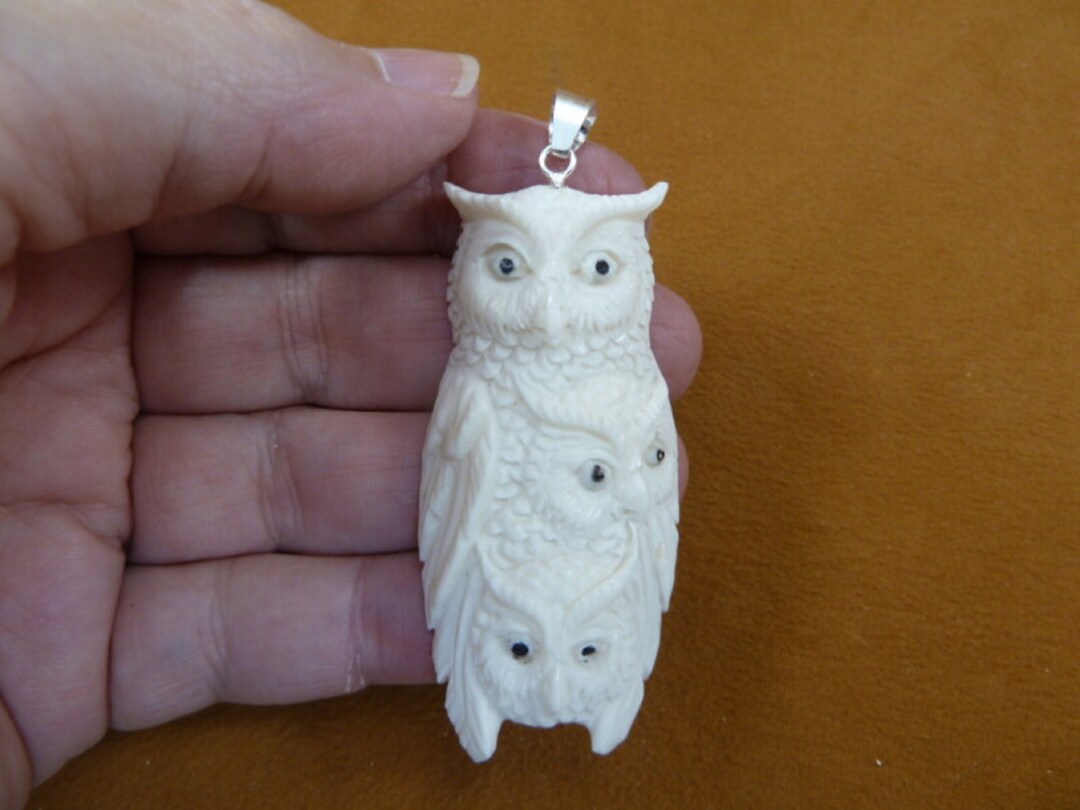 Group of Three White Horned Owl Bird Bone Carving Owls Pendant Cow Bone ...