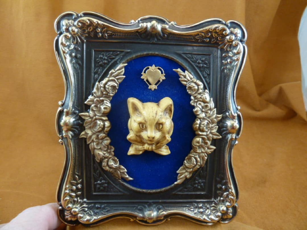 Framed Cameo Cat Head Ivory Victorian Scrolled Floral Design Brass ...
