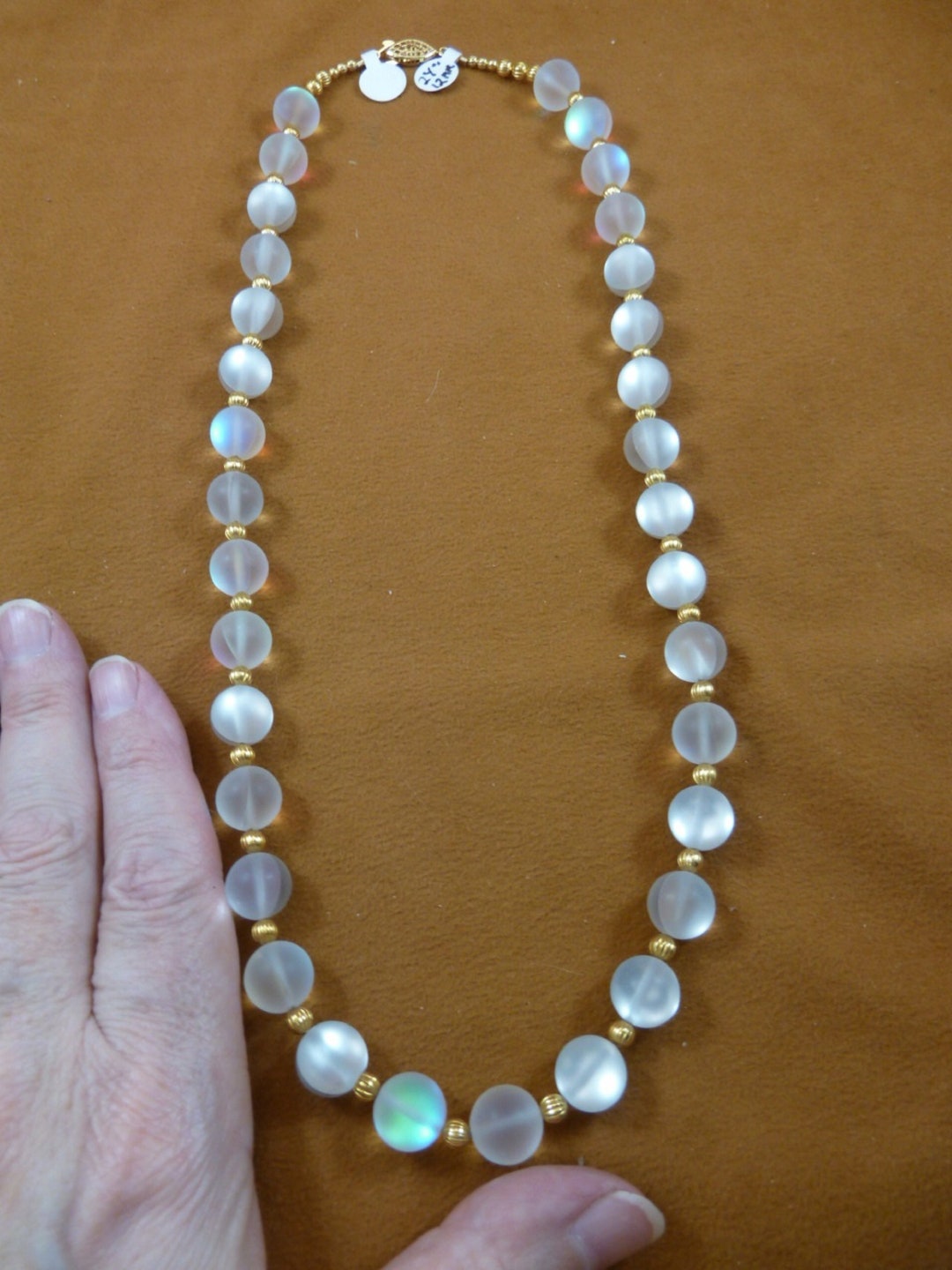 23 Inch Long White Blue Mermaid Glass Moonstone + Gold Alloy Beaded ...