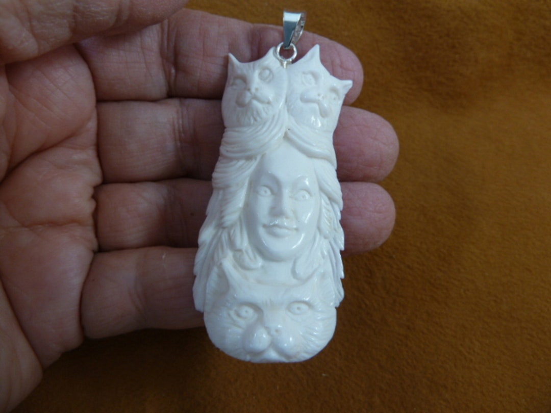 White Cat Lady With Cats Water Buffalo Bone Carved Pendant for Necklace ...