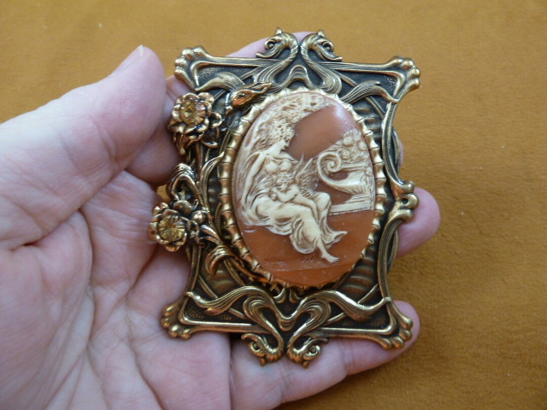 Woman Lady With Cherub Ivory + Orange Oval Cameo Scrolled Floral Frame ...