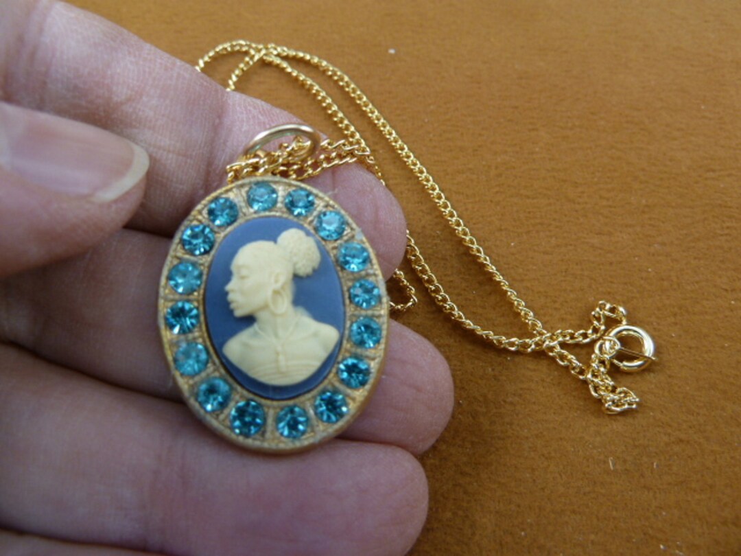 RARE African American Lady Woman Ivory + Blue CAMEO Small Rhinestone ...