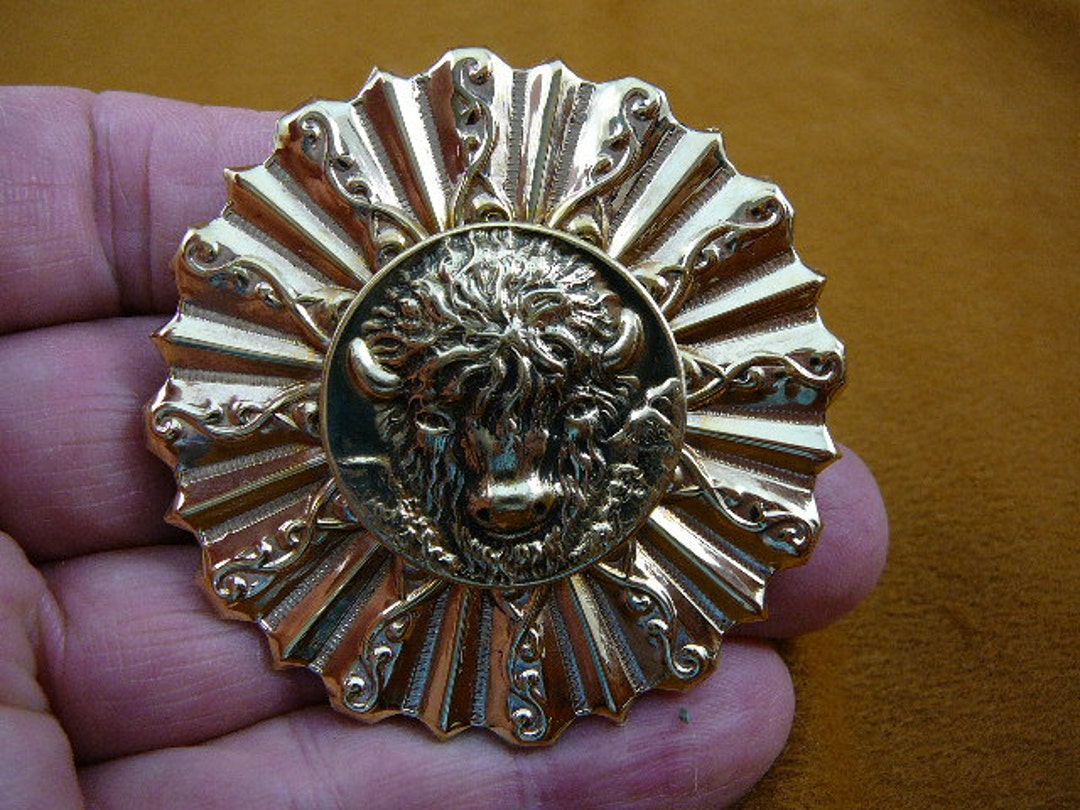 Buffalo Head on Round Textured Starburst Art Deco Brass Pin Pendant I ...