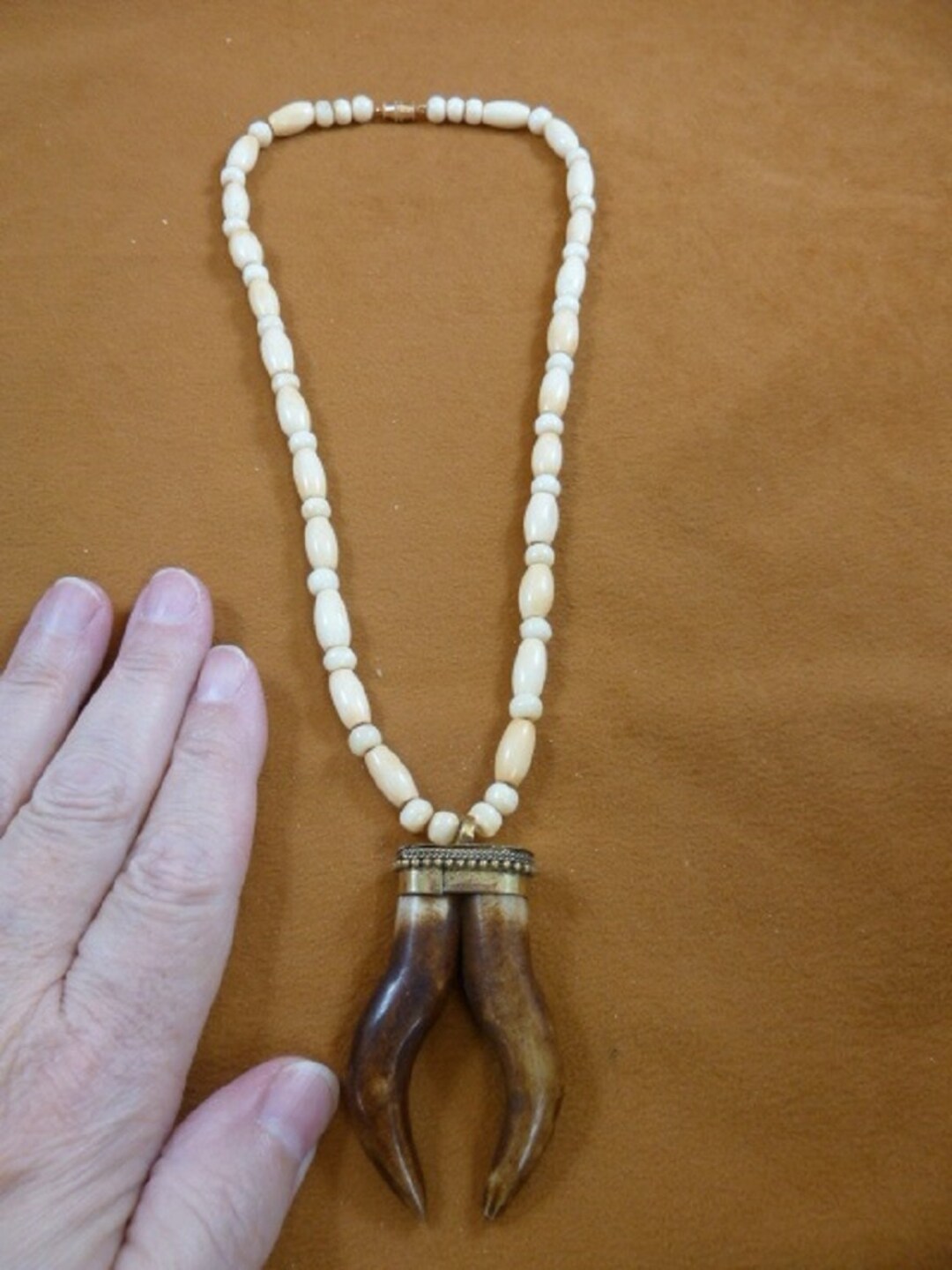 Tibetan Water Buffalo Bone Brass Capped Pendant + Natural Cow Bone Bead ...