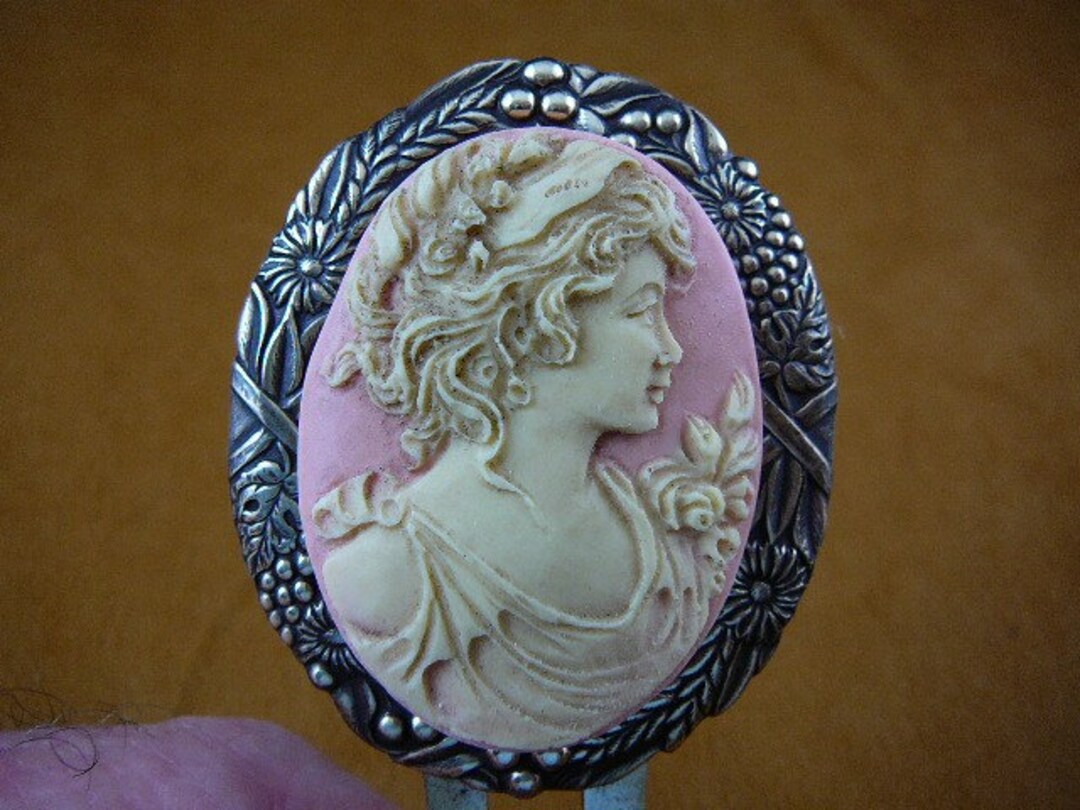 LADY Girl Roses Flowers Rose Pink Cameo Brass Hair Pin Pick Stick ...