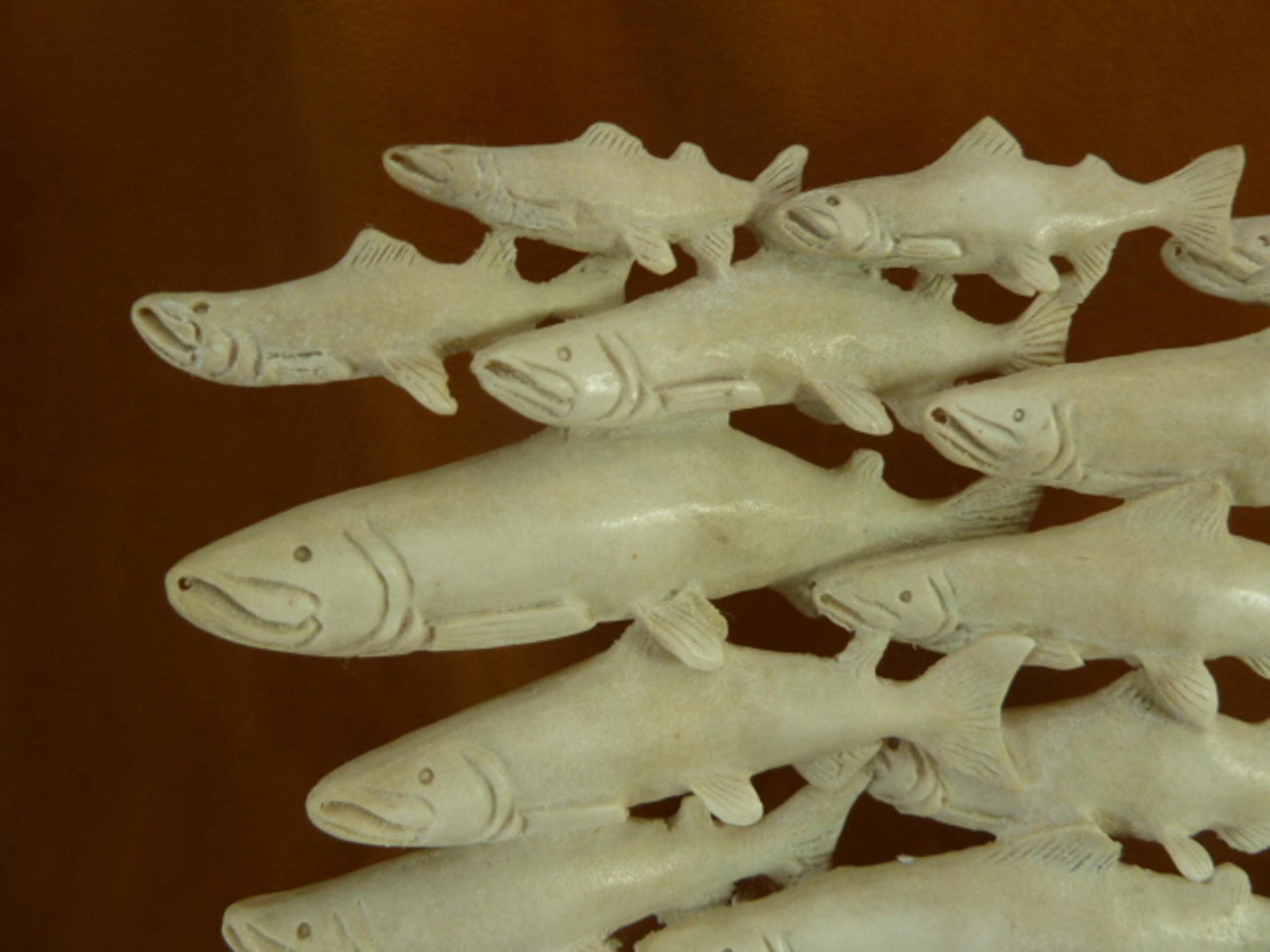 Large School of 31 Salmon Fish Swimming Figurine on Wood Base Bali ...