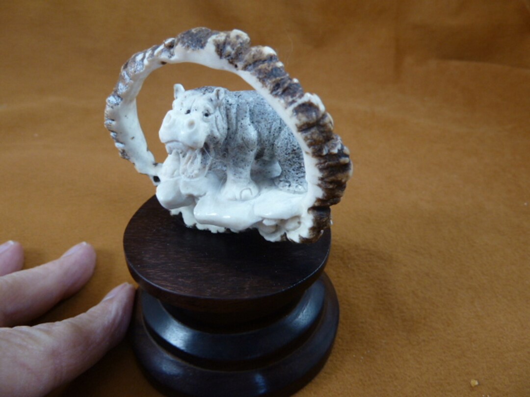 White Hippo of Shed ANTLER Figurine on Wood Base Bali Detailed Carving ...