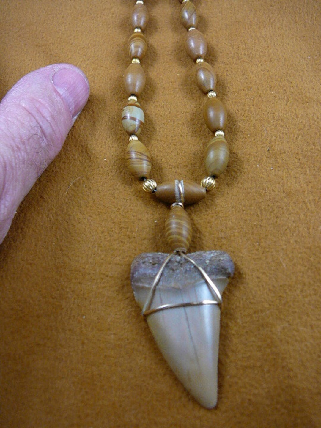 1-7/8 Inch Fossil Mako Shark Tooth Teeth Gold Wired Pendant Tan Jasper ...