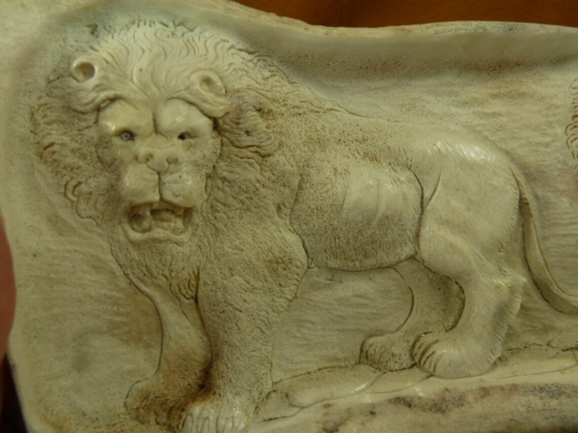 Lion male lions bas relief carved on shed ANTLER figurine on | Etsy