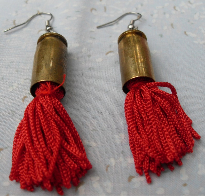 Shell Casing Earrings Brass With Red Silk Tasles for the Hunter - Etsy