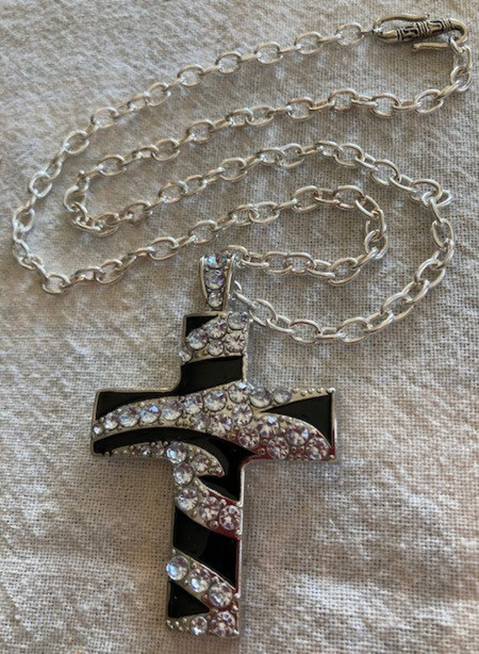 Cross Black Silver Crystal Bling Large on Stainless Steel Chain ...