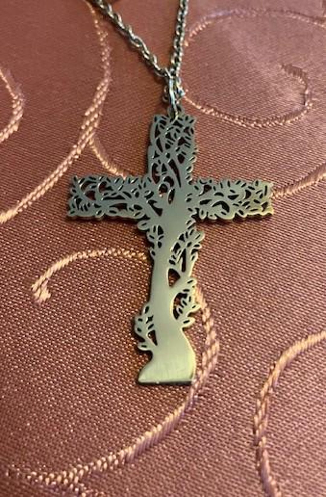 Cross Gold Tree of Life Laser Cut Interesting Unusual on Gold Chain New ...
