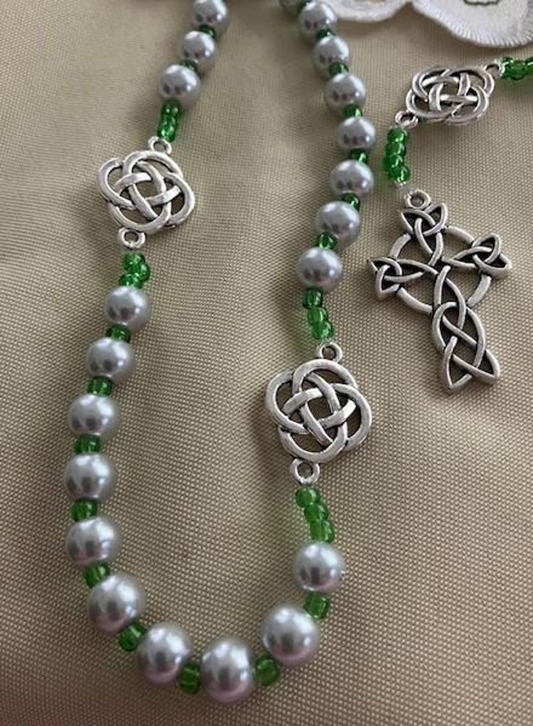 Catholic Rosary Celtic Knot Pater Beads Silver White Pearls Crushed ...