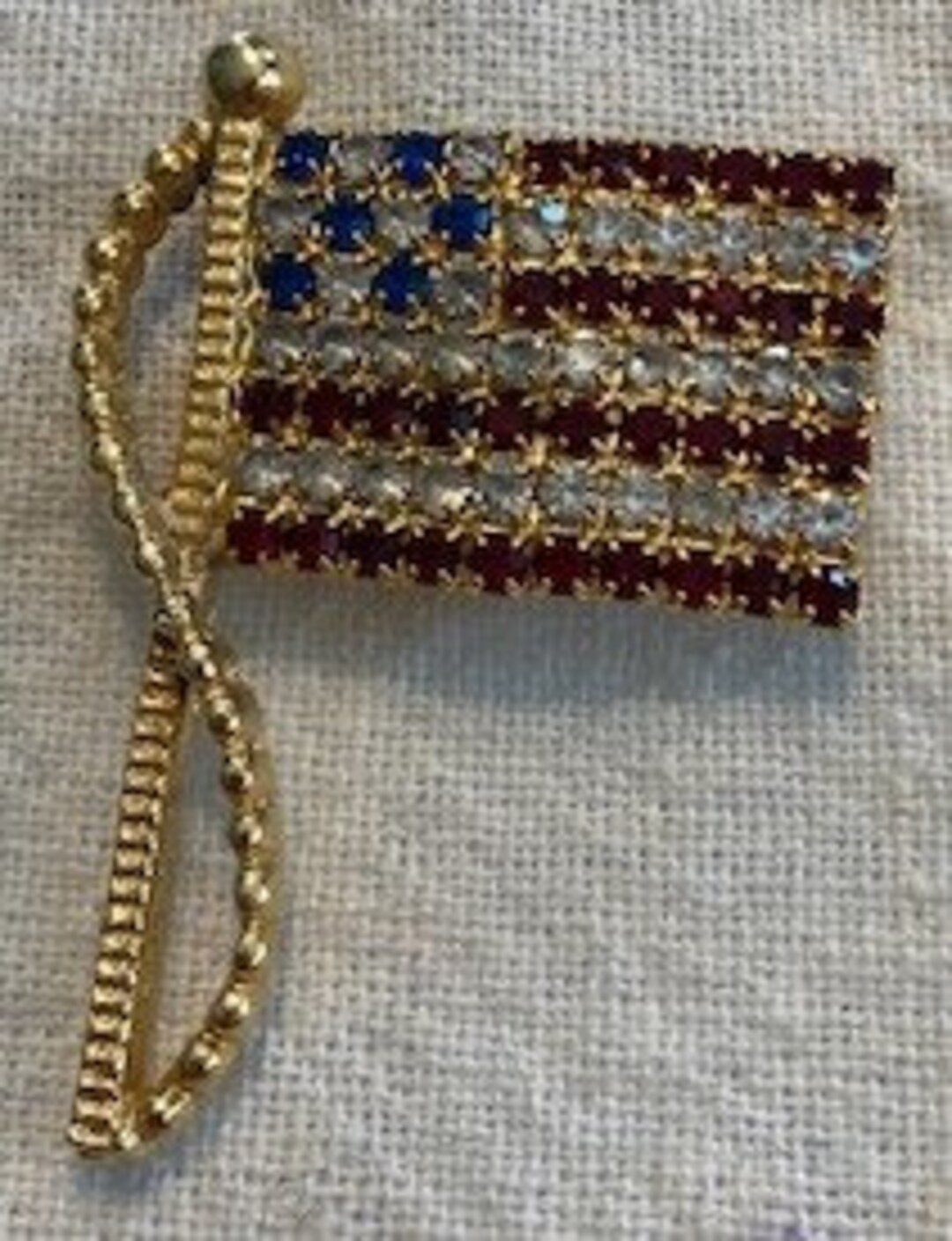 Vintage Flag Red White Blue Crystals Set in Gold With Pole and Rope in ...