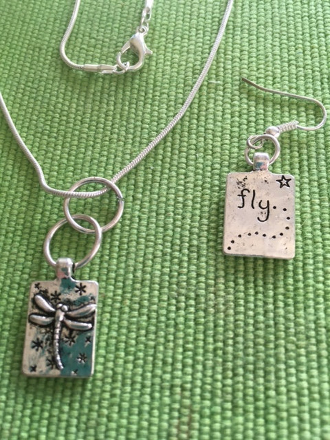 Dragonfly Jewelry Set Silver Double Sided With Fly on Back Side ...