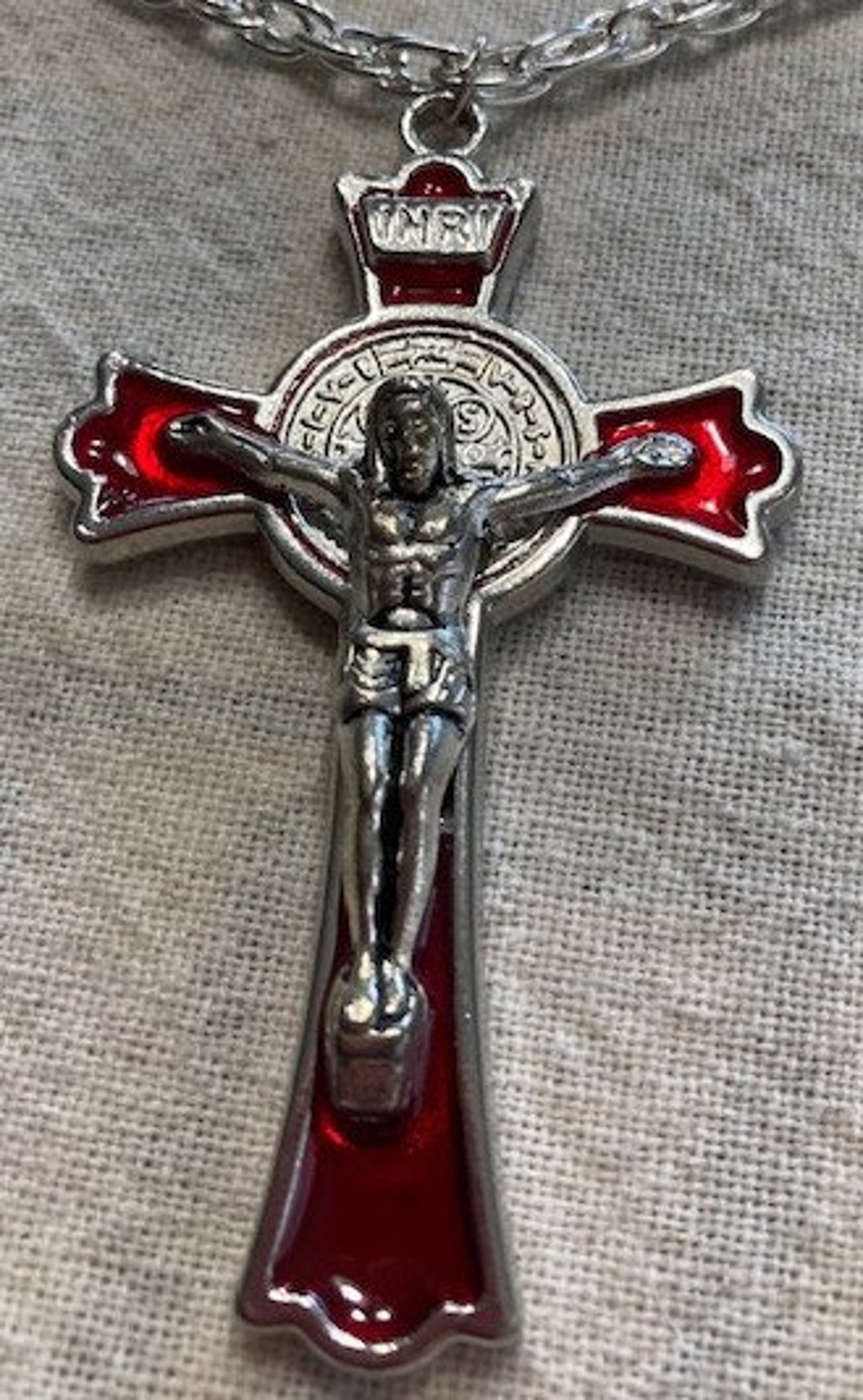 Crucifix Red Enamel and Silver Large on Large Special Stainless Steel ...