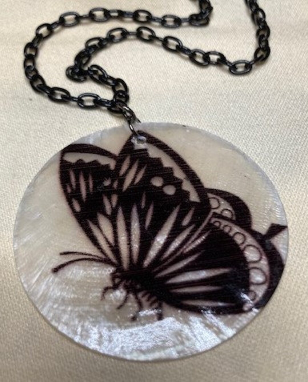 Butterfly Black on White Capiz Shell Necklace Black Chain Custom Made ...