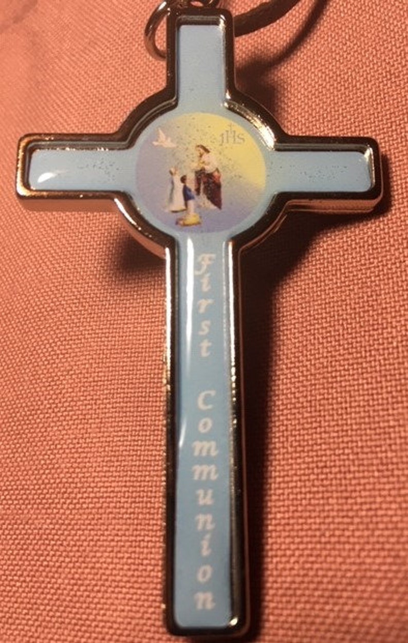 Cross First Communion Full Color Double Sided Silver Blue - Etsy