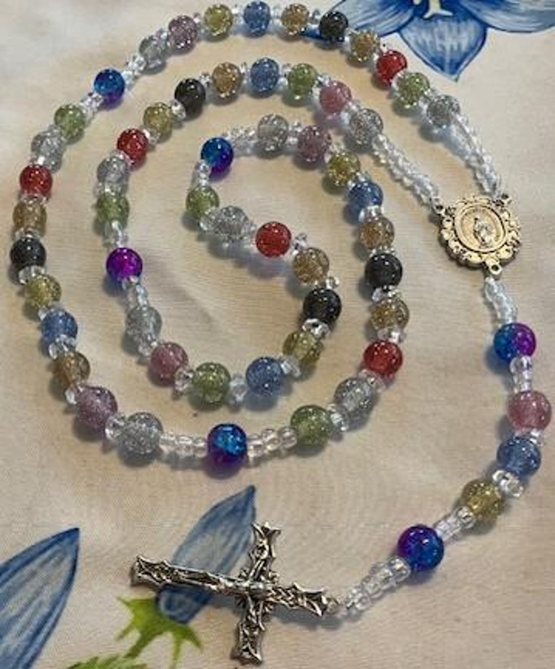 Catholic Rosary Glitter Rainbow Beads Soft Colors Silver Miraculous ...