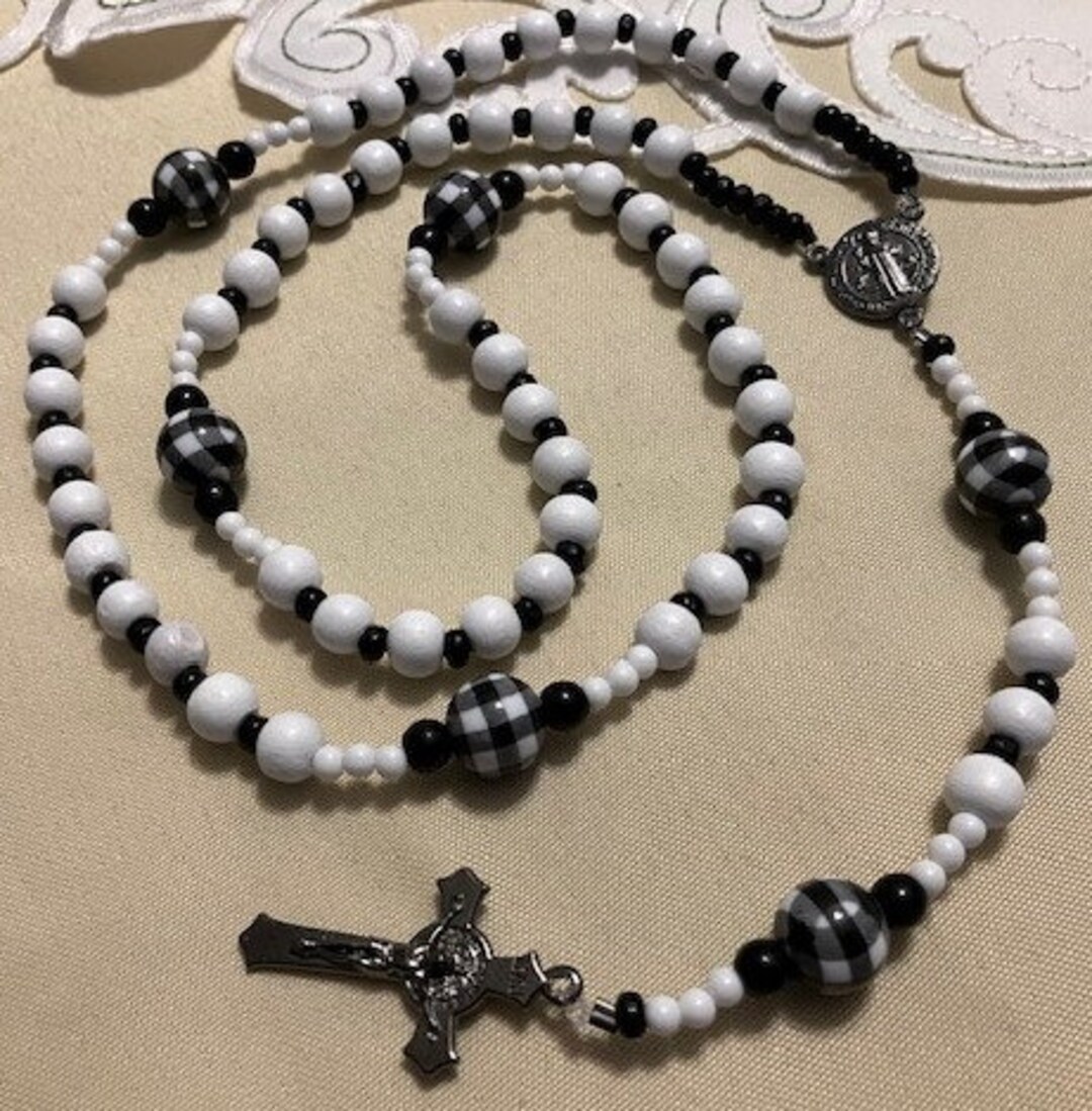 Catholic Rosary White Wood Beads Black and White Plaid Pater Beads ...