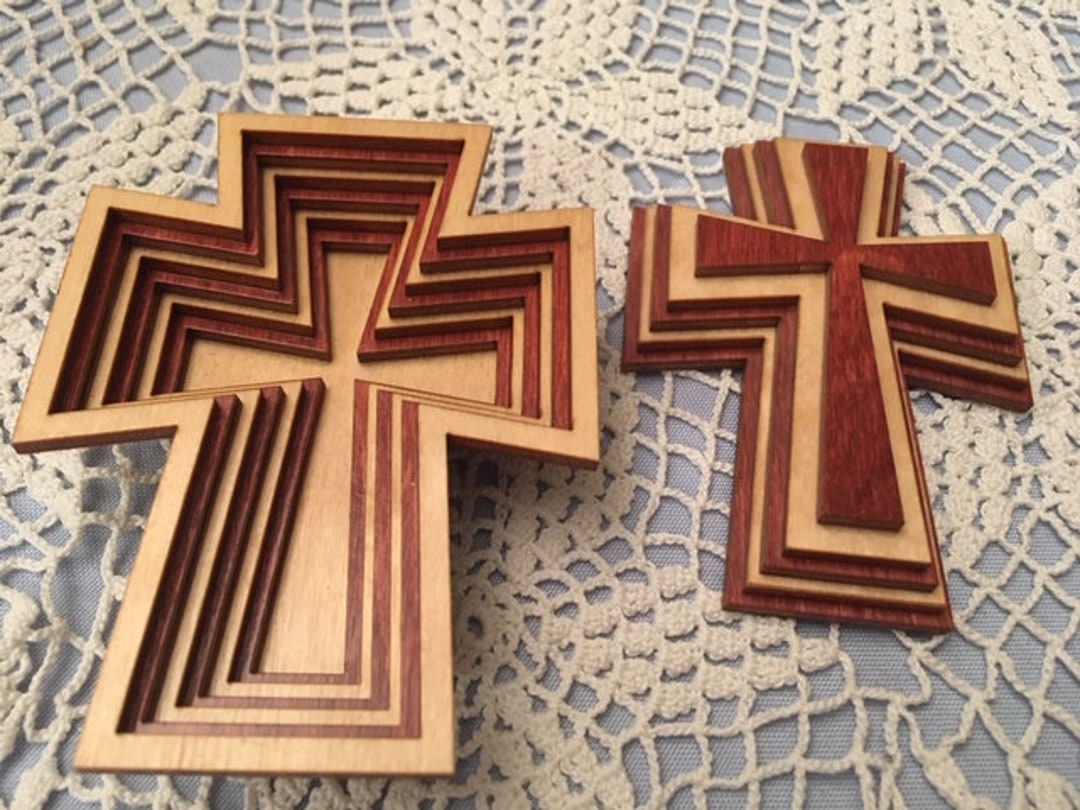 Hand Carved Wooded Cross Box Signed by Artist 2 Colors Tiered Wood ...