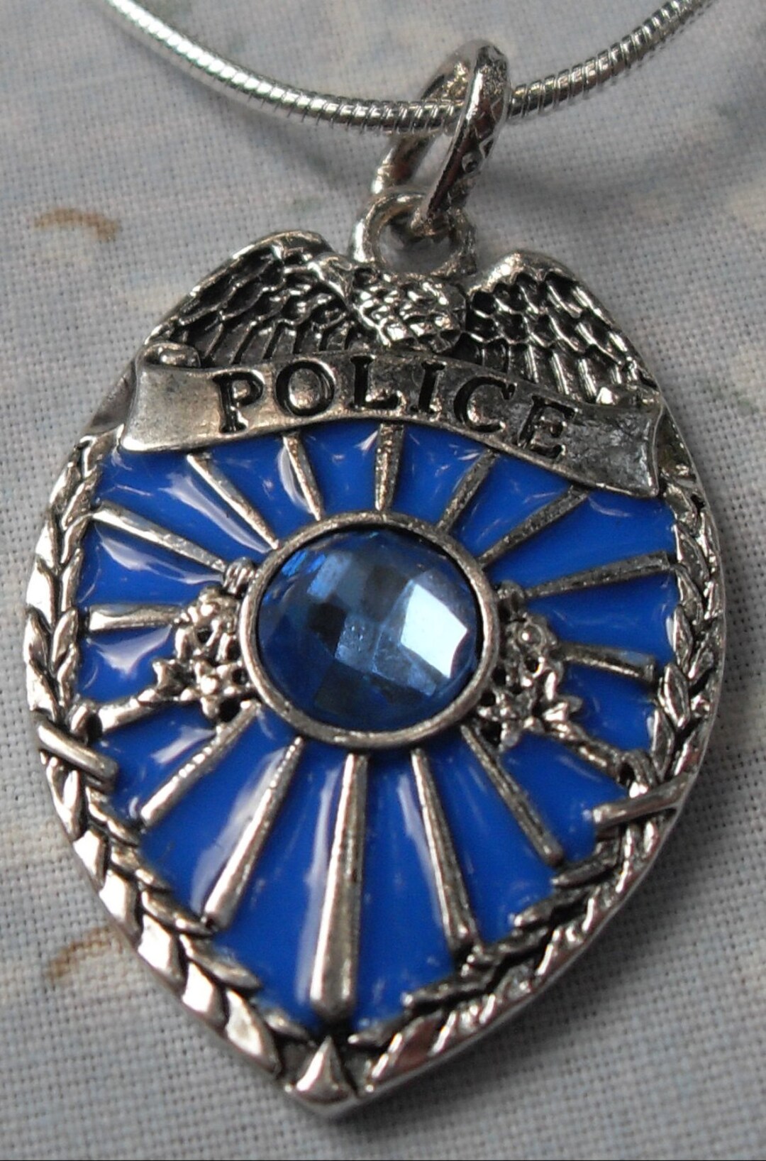 Police Badge Pendant With Blue Crystal on Silver Serpentine Chain ...