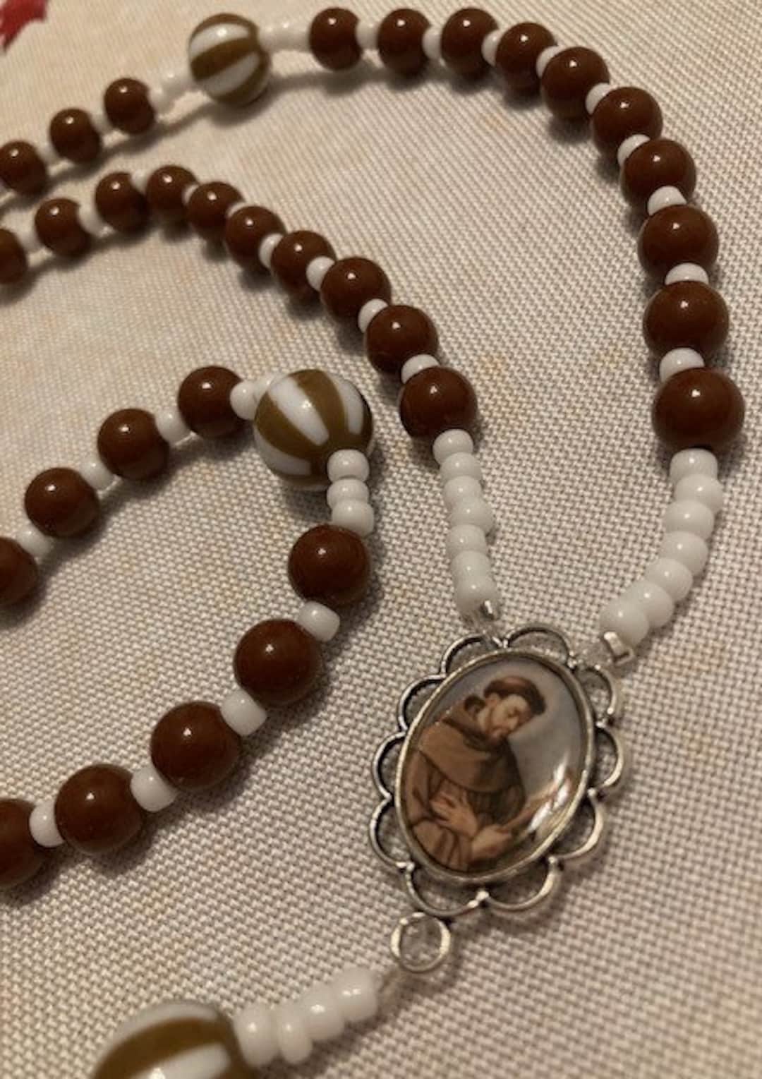 Catholic Rosary Brown White St Francis Medal Full Color Italian Silver ...