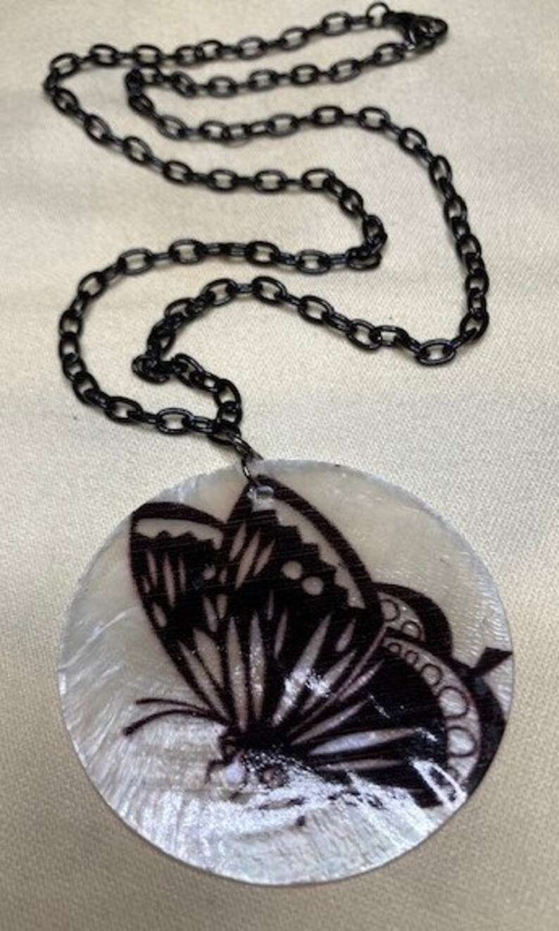 Butterfly Black on White Capiz Shell Necklace Black Chain Custom Made ...