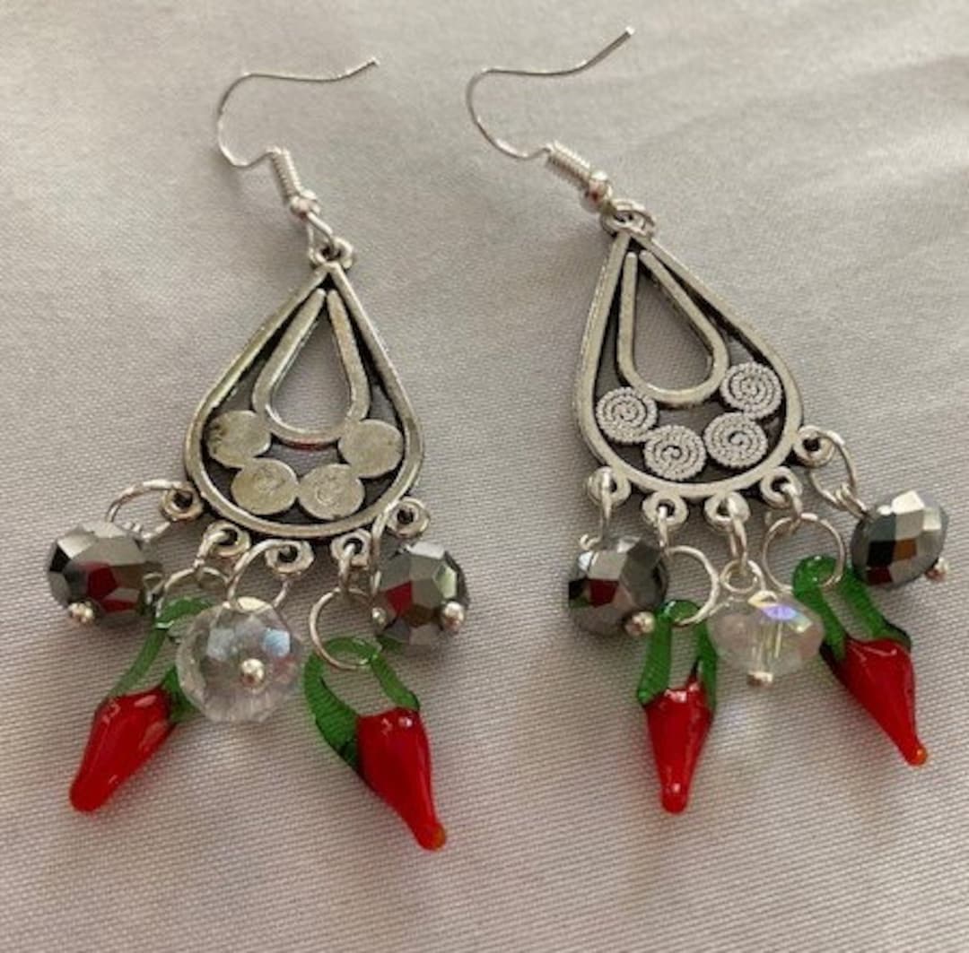 SALE Earrings Chili Peppers Hand Blown Glass Red Chili Peppers Silver ...