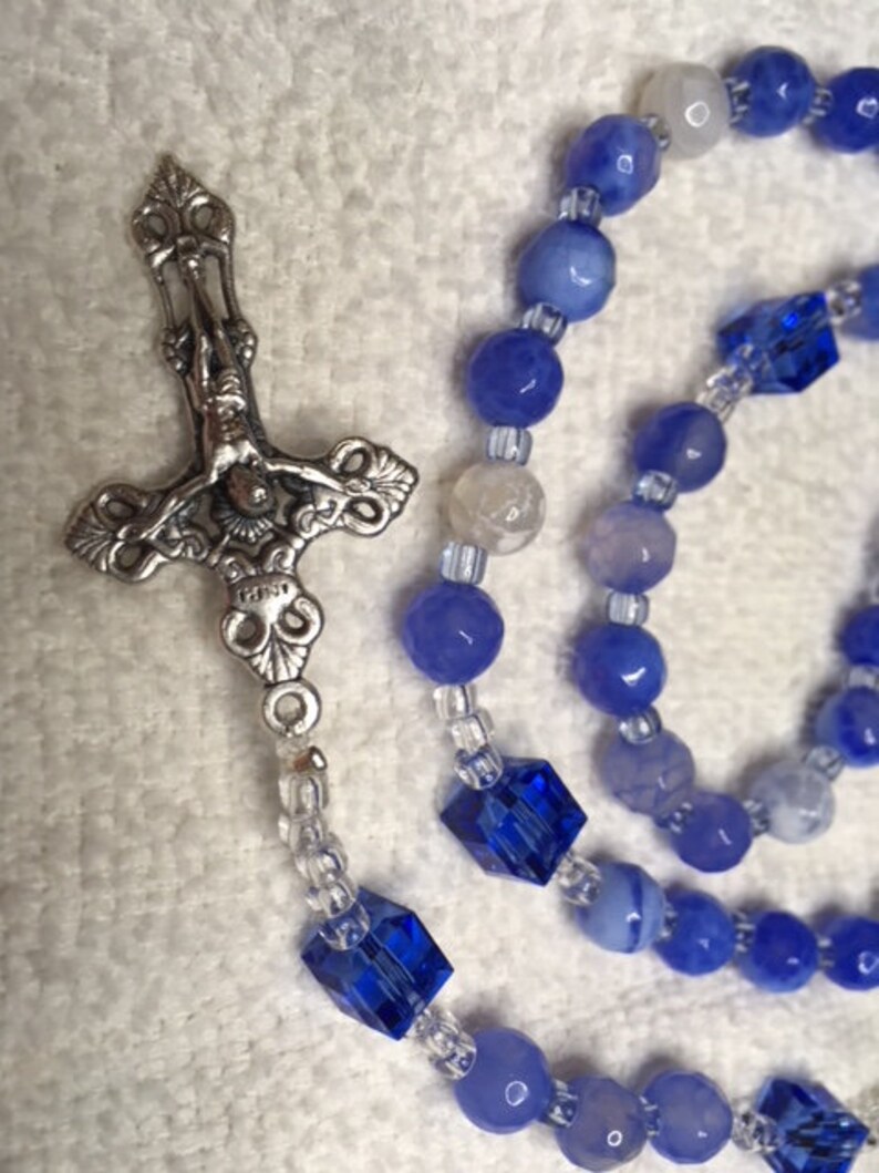 Catholic Rosary Blue Fire Agate Beads Full Color Miraculous Medal ...