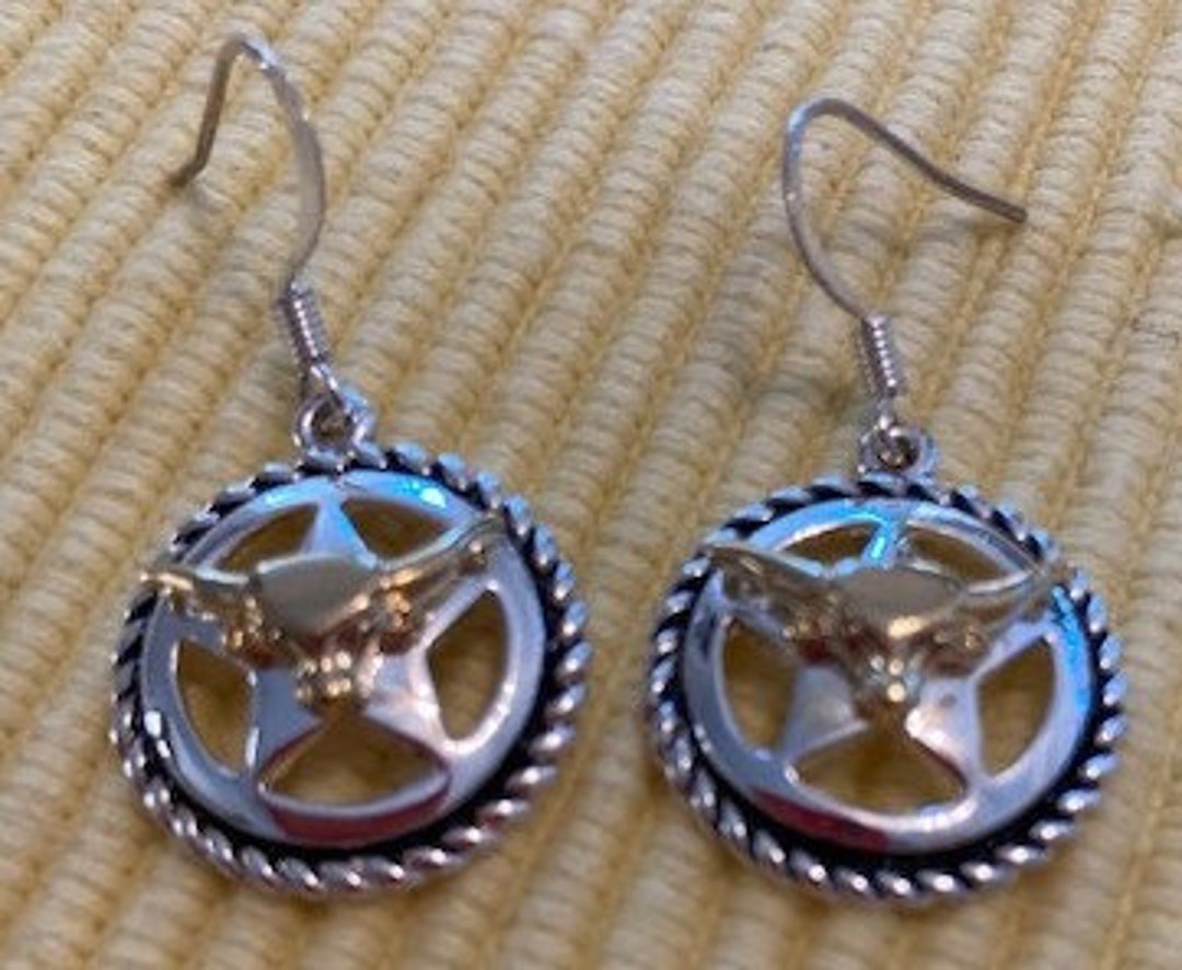 Earrings Silver Texas Lone Star With Longhorn in Brass Rope Style ...