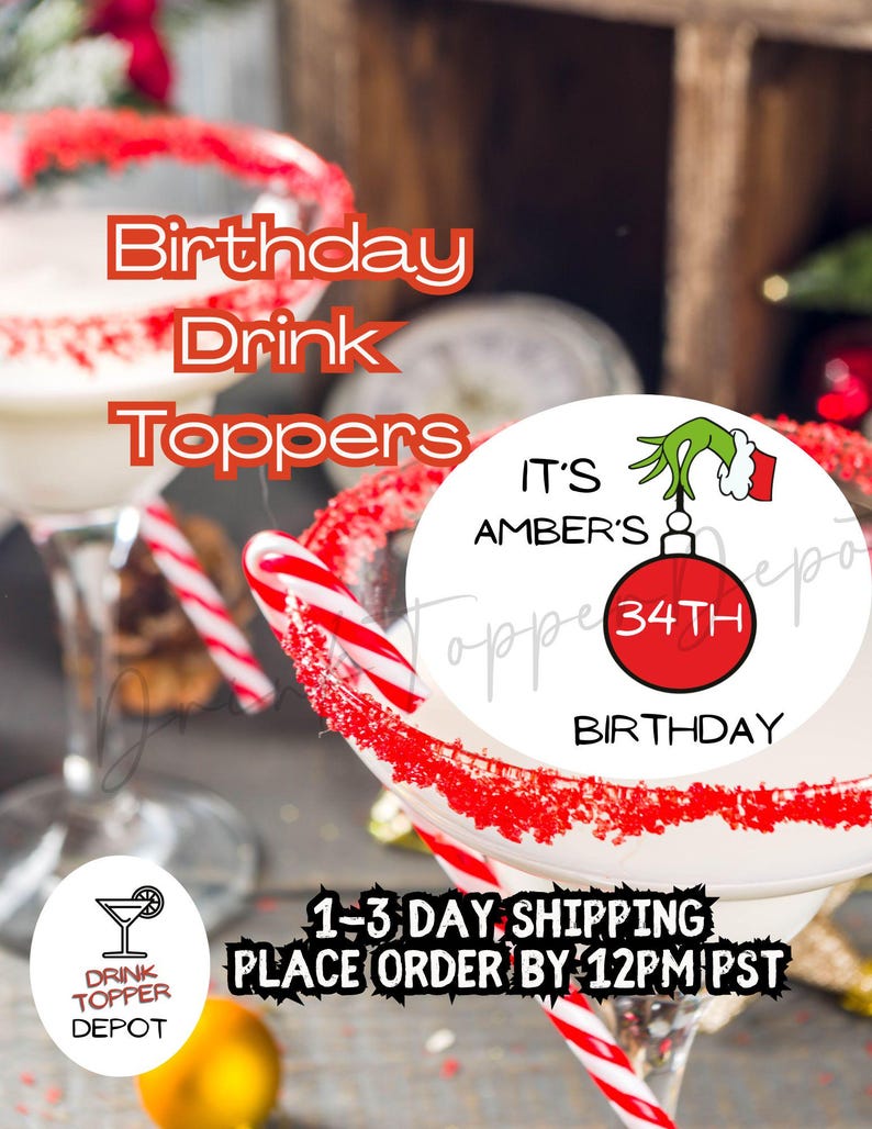 50 Custom Grinch Birthday Edible Drink Toppers L Family and Birthday ...