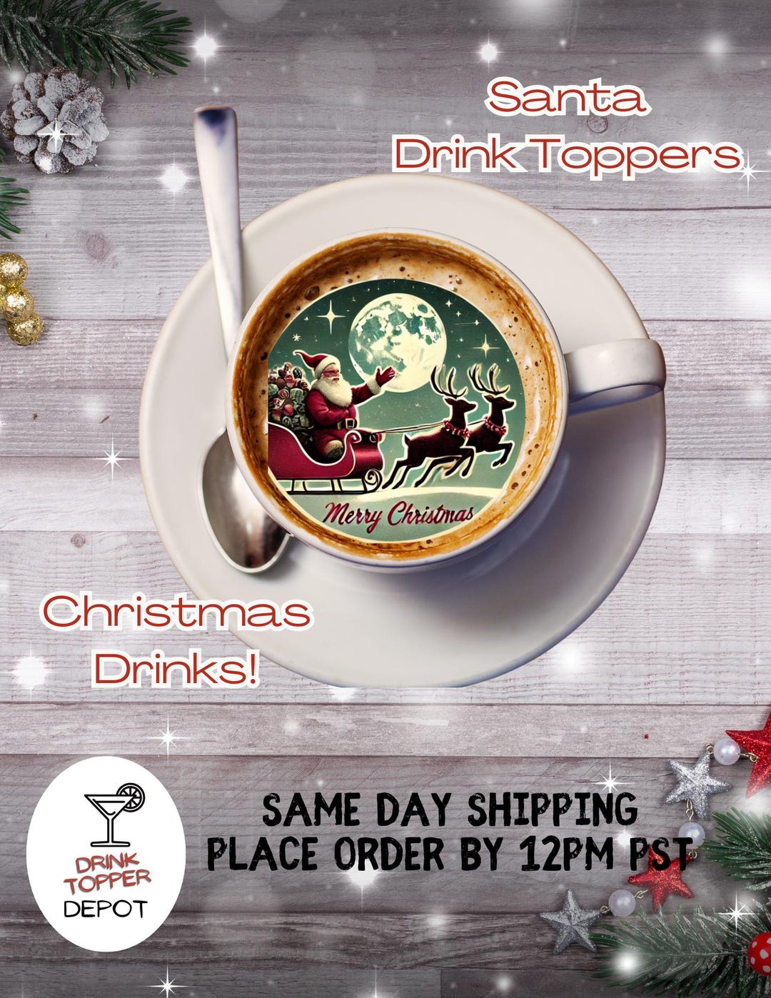Santa and Reindeers Edible Drink Toppers L Santa Clause Christmas ...