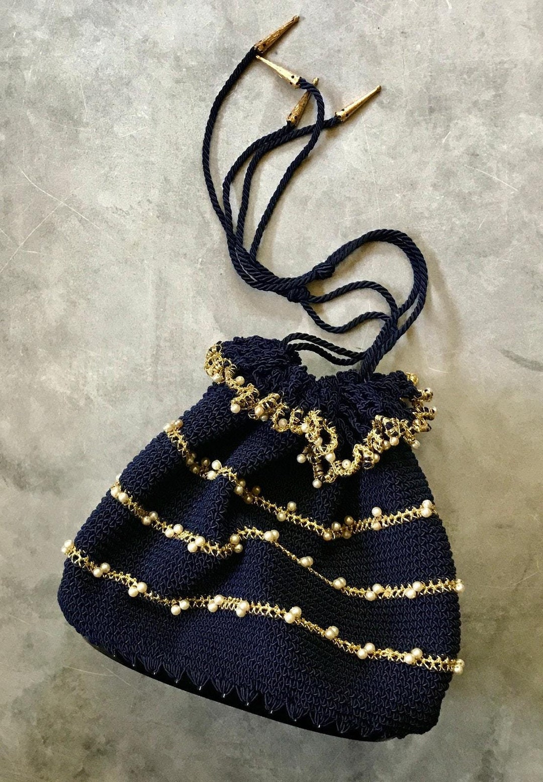 Vintage 1940's Navy Blue Shimmery Beaded Drawstring Crochet Purse - Etsy