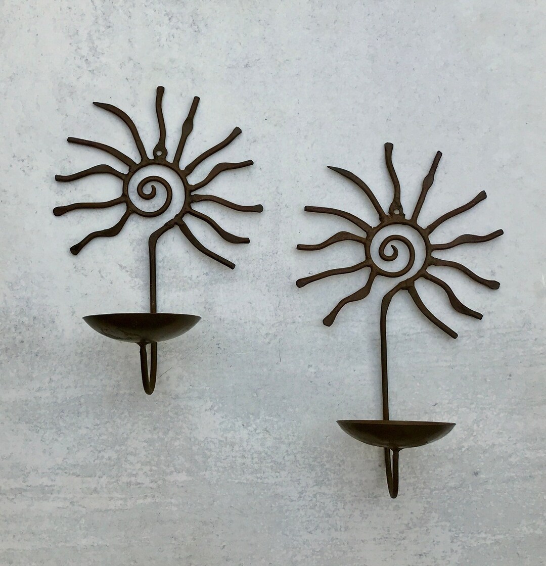 Vintage Pair of Rustic Sunburst Swirl Candle Wall Scone, Southwest ...
