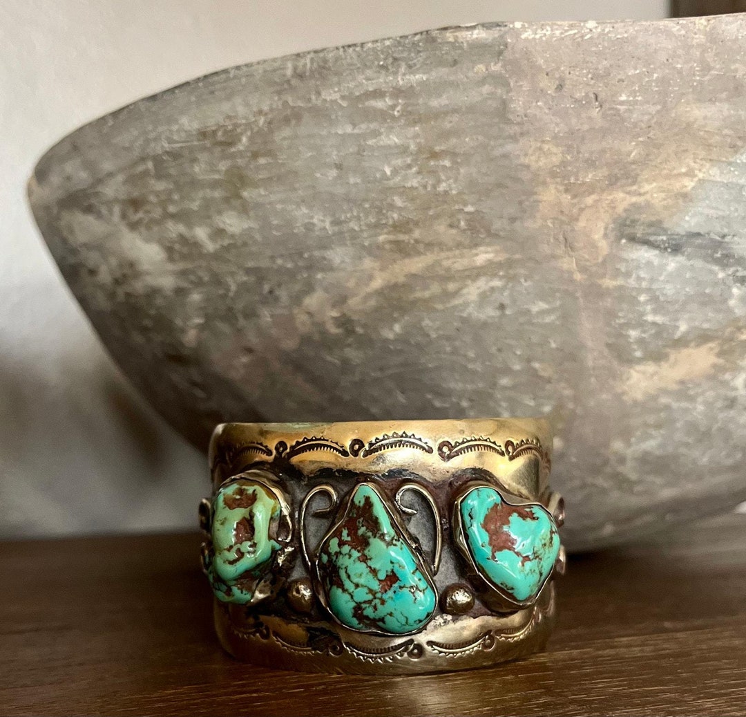 Vintage Turquoise Nuggets Sterling Silver Chunky Cuff Bracelet Signed ...