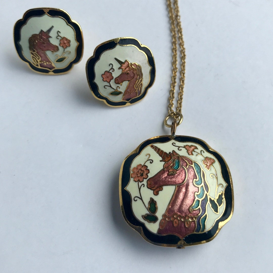 Vintage Cloisonne Unicorn Puffy Pendant Necklace and Earrings Set, Gold ...