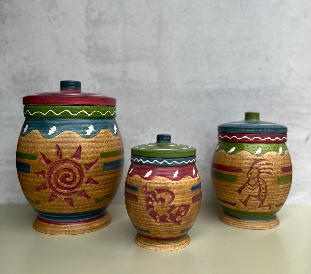 Three Vintage Southwestern Canisters, Aztec Sun, Vintage Kokopelli ...
