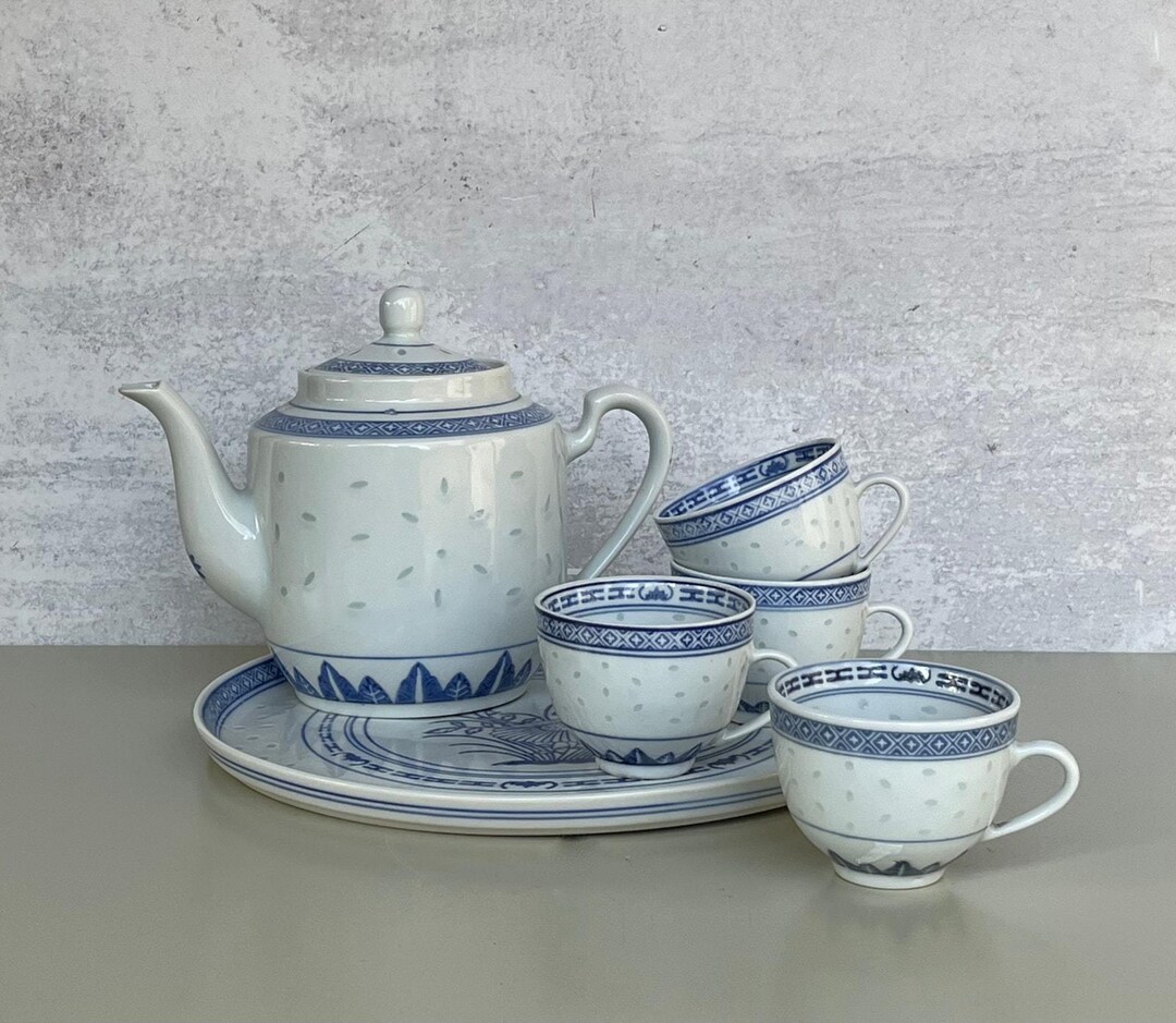 Vintage Chinese Rice Flower Porcelain Teapot Teacups and Tray, Rice ...
