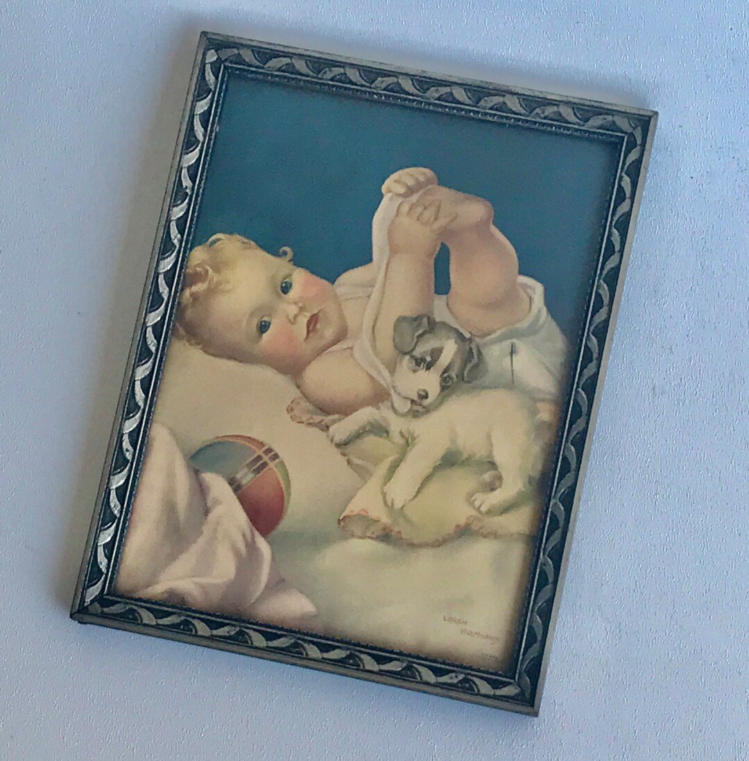 Vintage Baby and Puppy Print in Frame, Vintage Baby and Dog Print ...
