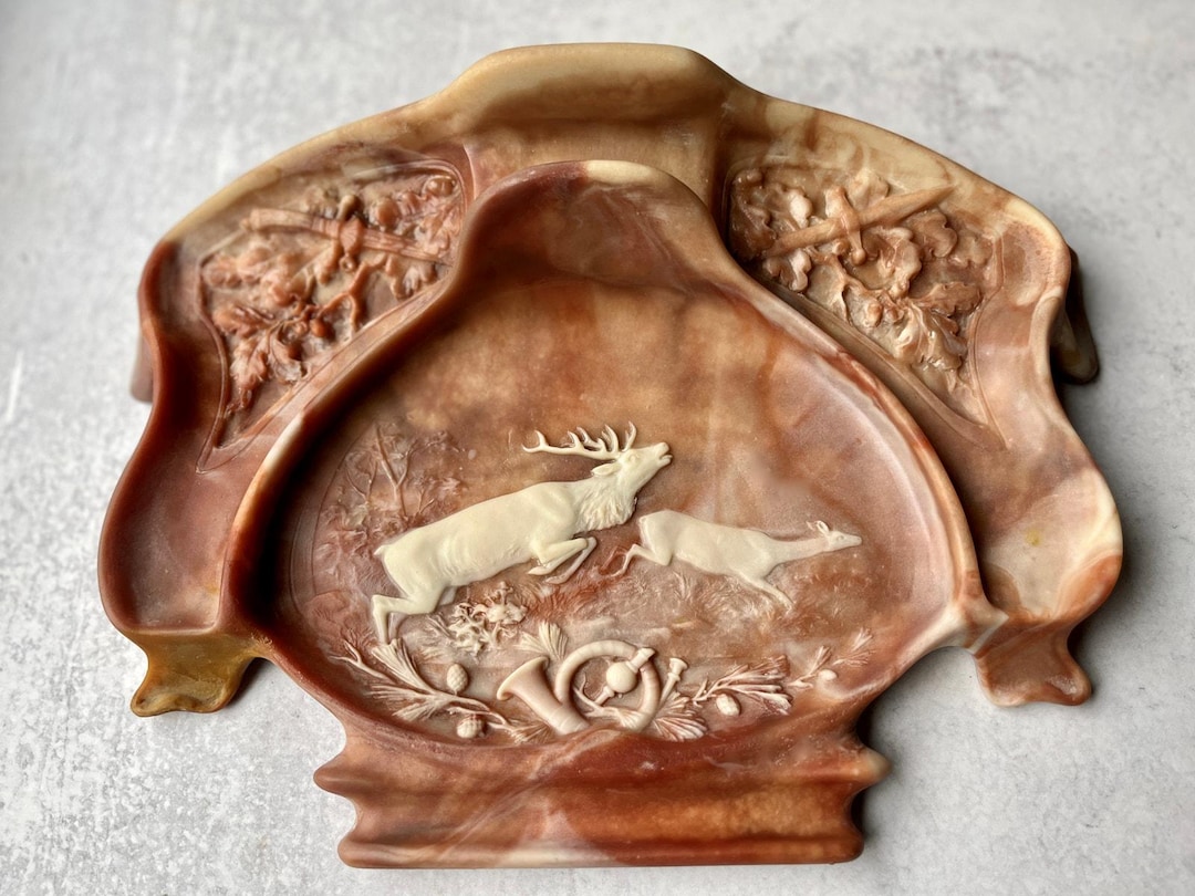 Vintage Genuine Carved Incolay Stone Elk Motif Pen Rest Library Desk ...