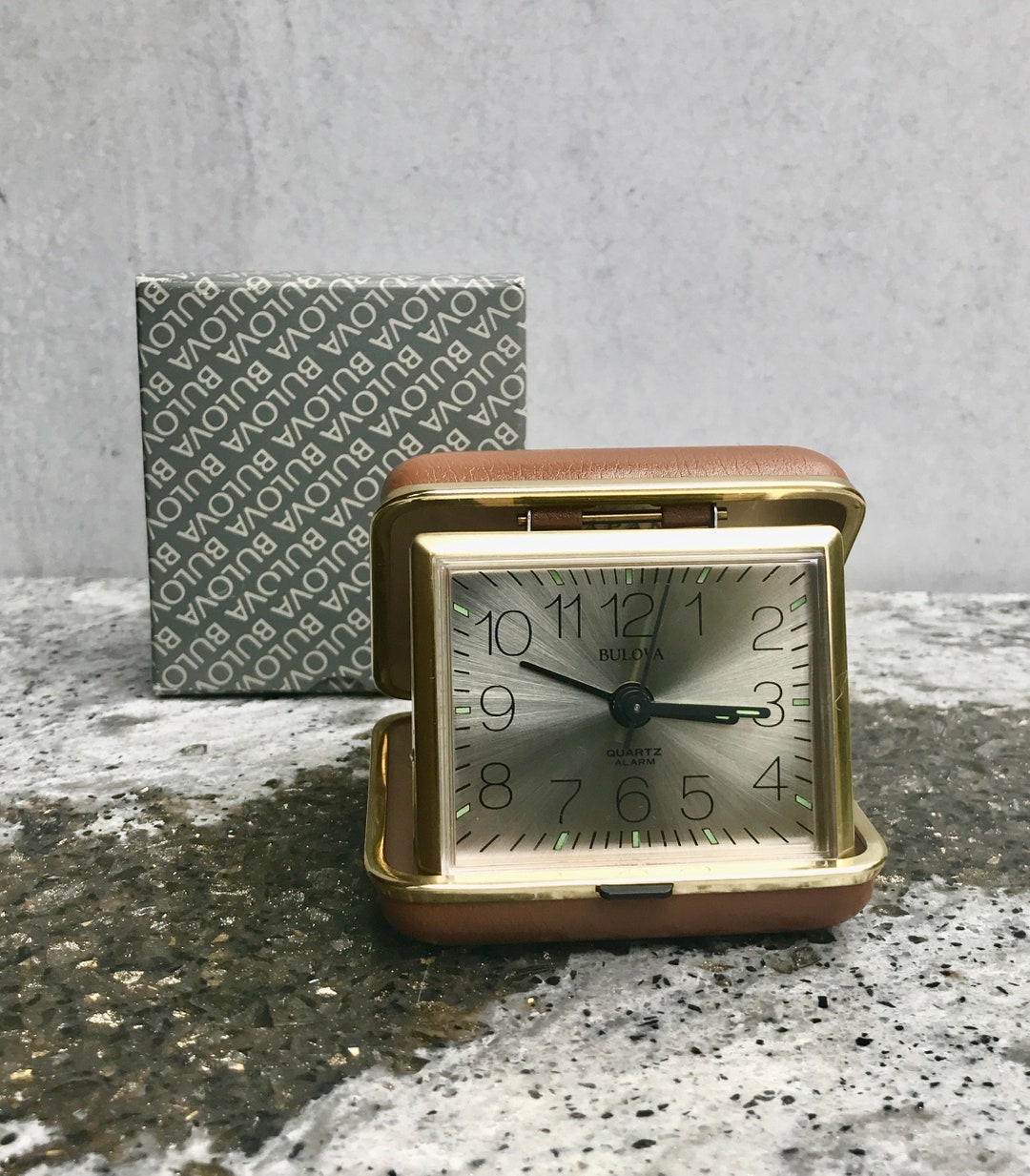 Vintage Bulova Travel Alarm Clock in Brown With Original Box and Manual ...