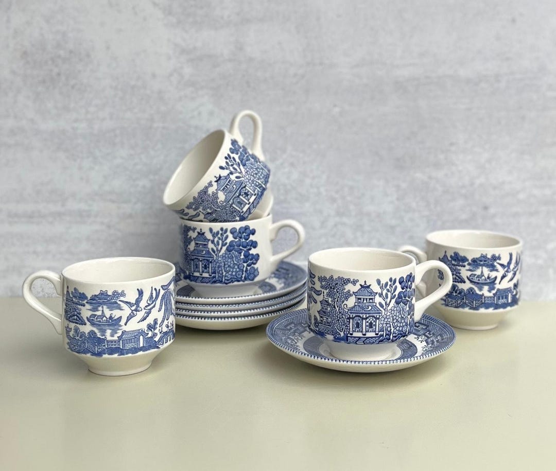 Vintage Set of Five Blue Willow Churchill Flat Cups and Saucers ...